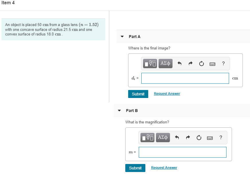 Solved Item 4 An object is placed 50 cm from a glass lens | Chegg.com
