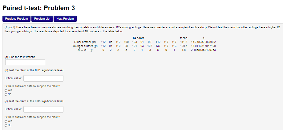 Solved Paired t-test: Problem 3 Previous Problem Probler | Chegg.com