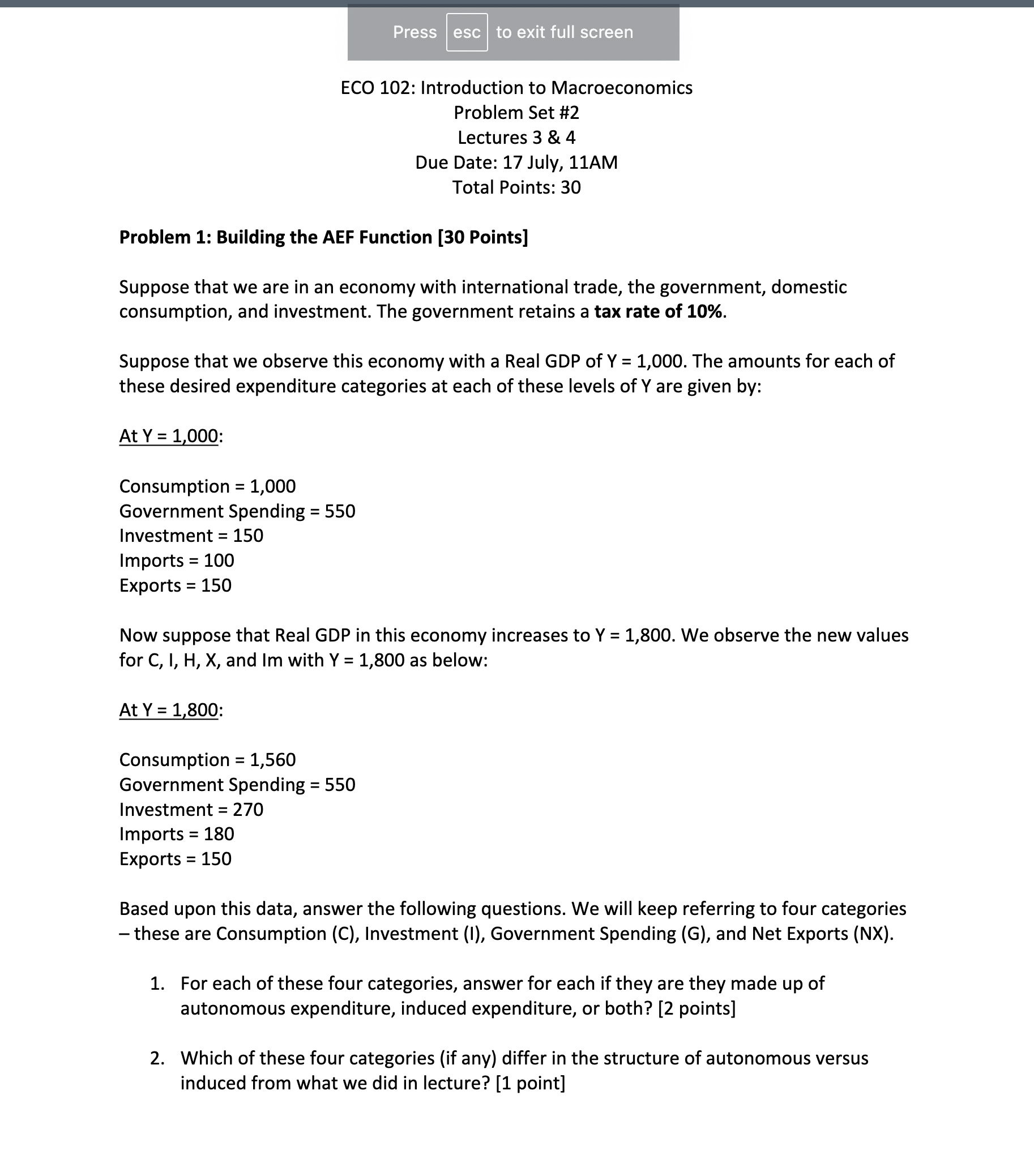 Solved ECO 102: Introduction to MacroeconomicsProblem Set | Chegg.com