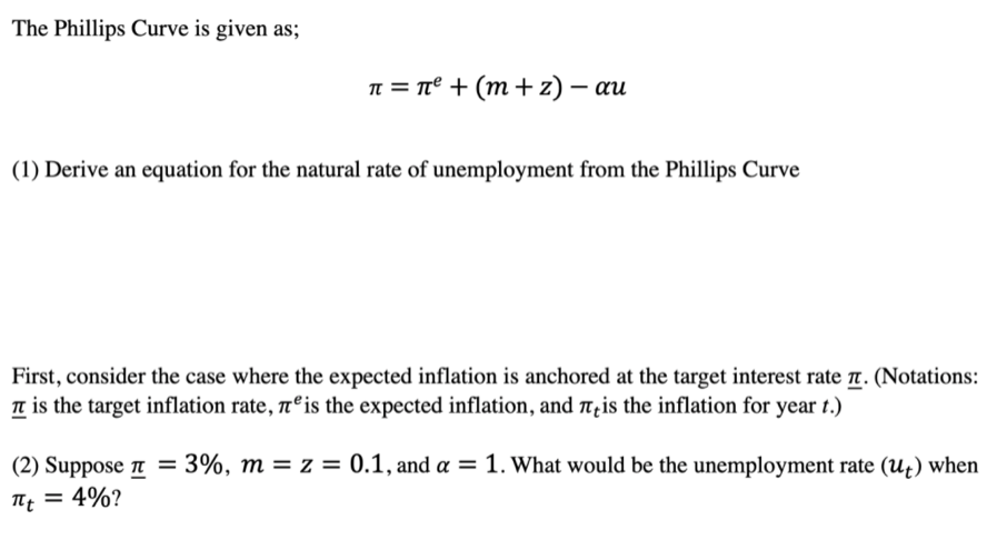 Solved The Phillips Curve is given as; r = n° +(m+z) – au | Chegg.com