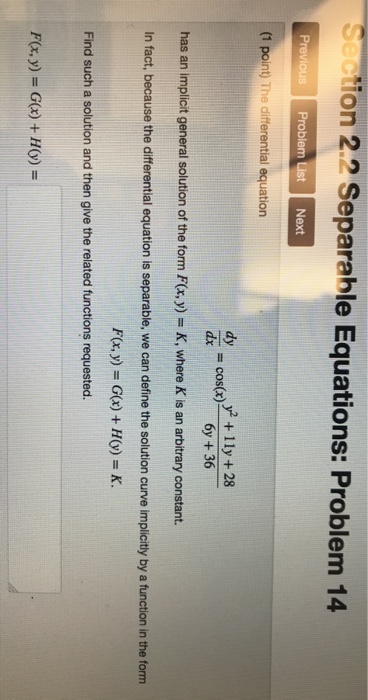 Solved Section 2.2 Separable Equations: Problem 14 Previous | Chegg.com