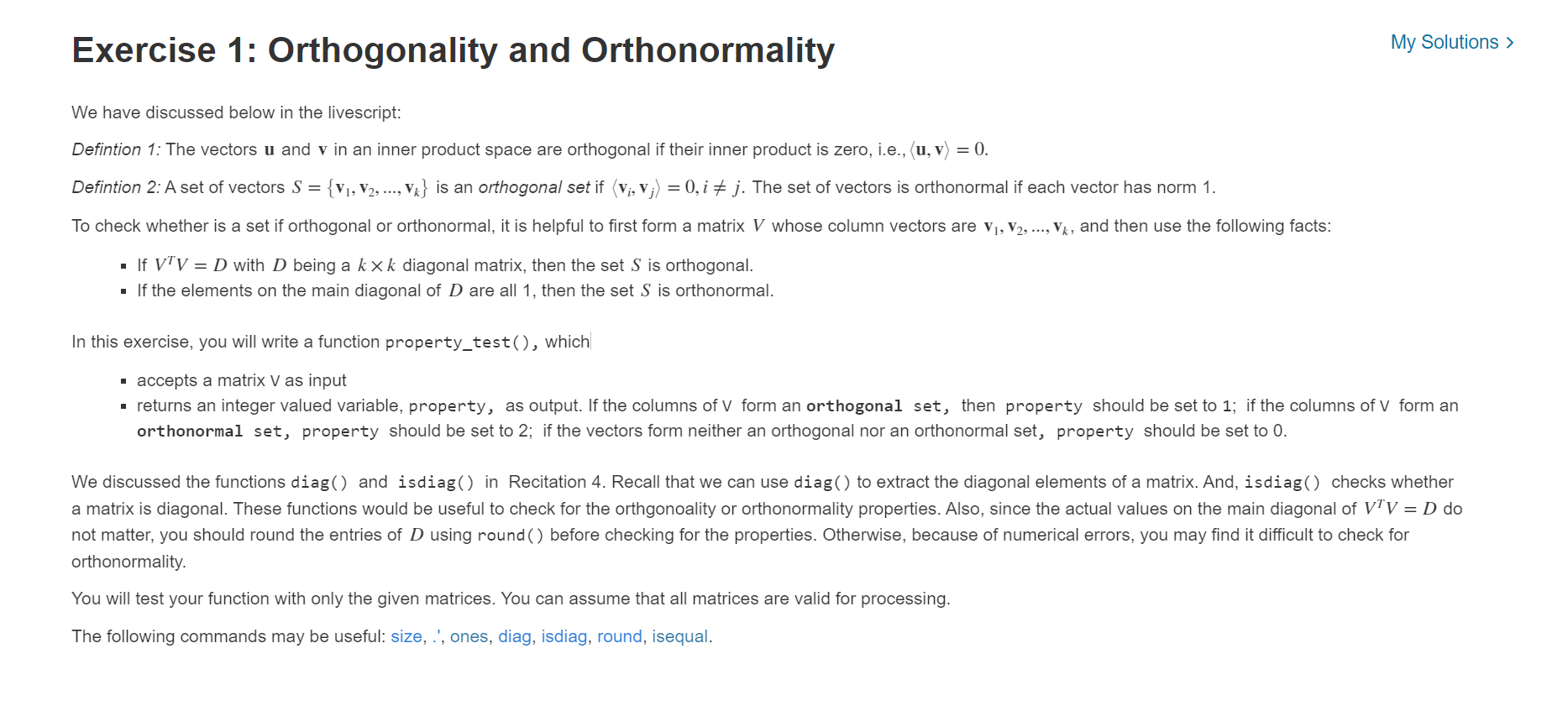 Solved Exercise 1: Orthogonality and Orthonormality My | Chegg.com