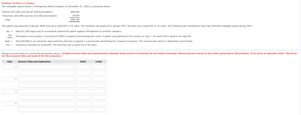 Solved Problem 10-07A a-c (Video) The intangible assets | Chegg.com