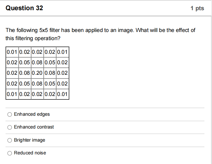 Solved Question 32 1 pts The following 5x5 filter has been | Chegg.com