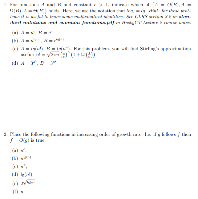 Solved 1. For functions A and B and constant c>1, indicate | Chegg.com