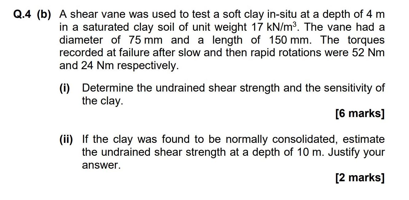 Solved 4 (b) A shear vane was used to test a soft clay | Chegg.com
