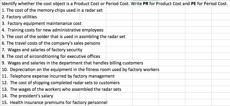 Solved Identify whether the cost object is a Product Cost or | Chegg.com