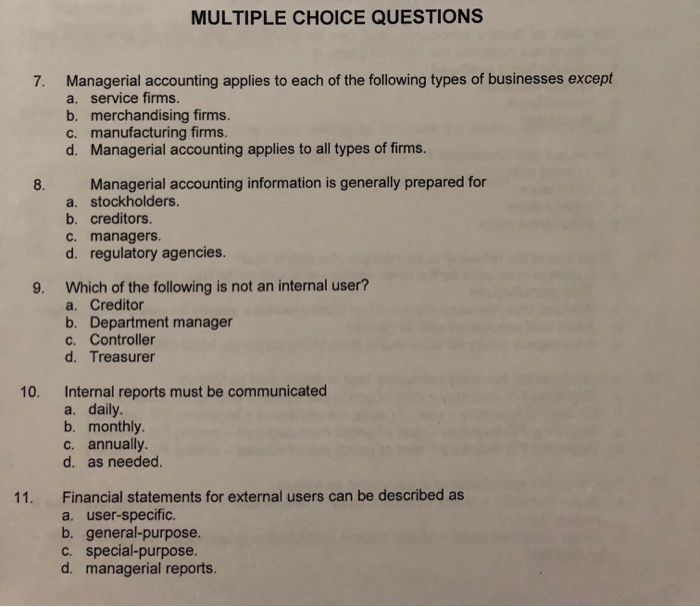 Solved MULTIPLE CHOICE QUESTIONS 7. Managerial accounting | Chegg.com
