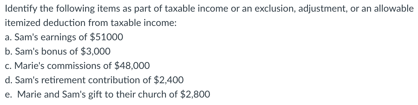 Solved Identify the following items as part of taxable | Chegg.com