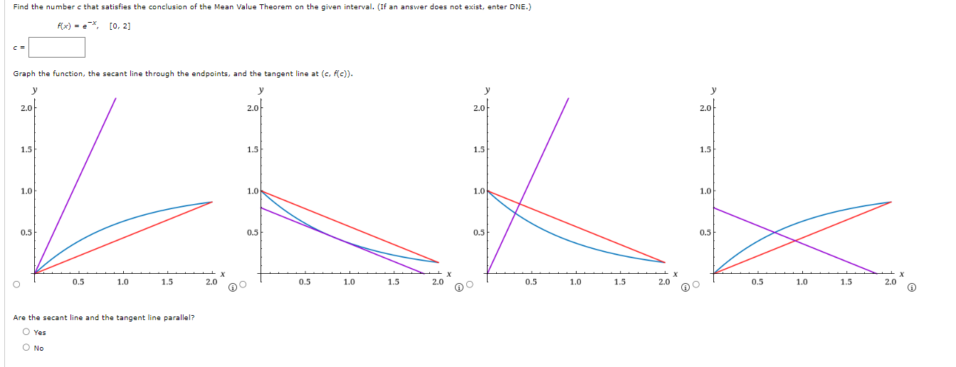 Solved f(x)=e−x,[0,2] c= Graph the function, the secant line | Chegg.com