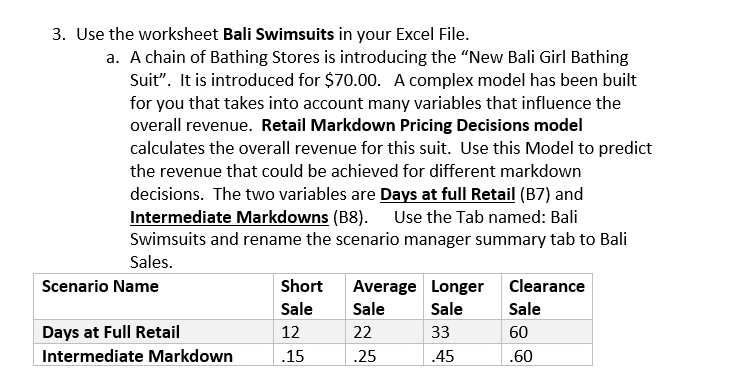 3. Use the worksheet Bali Swimsuits in your Excel | Chegg.com