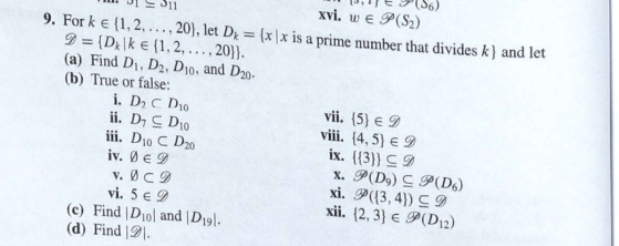 Solved 9. For k∈{1,2,…,20}, let Dk={x∣x is a prime number | Chegg.com