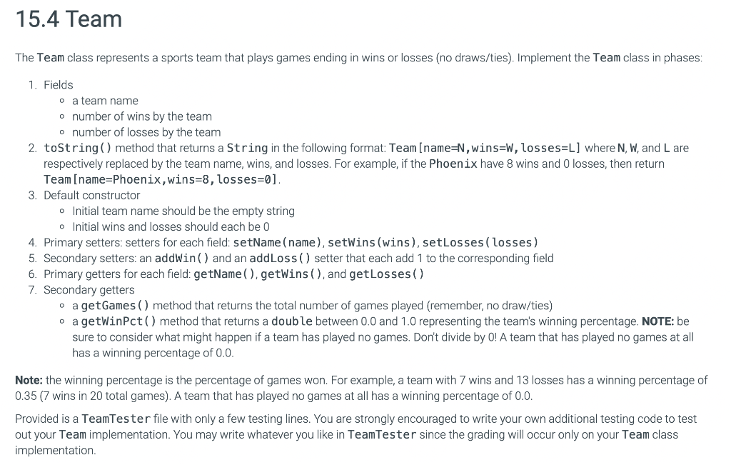Solved The Team class represents a sports team that plays | Chegg.com