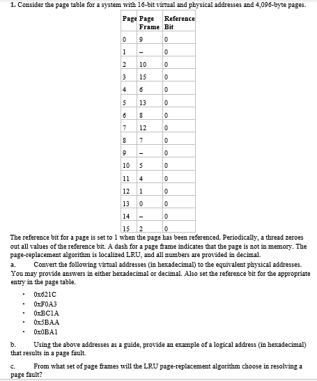 1. Consider the page table for a system with 16-bit | Chegg.com