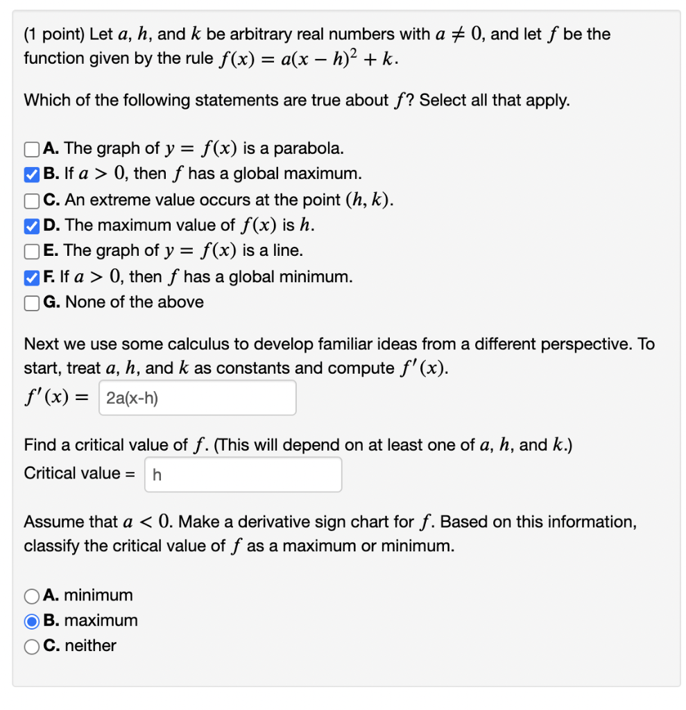 Solved (1 point) Let a, h, and k be arbitrary real numbers | Chegg.com