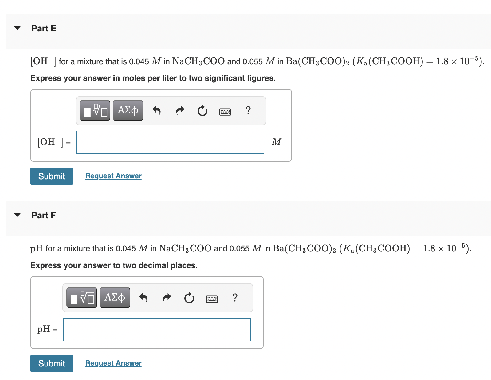 Solved [OH−]for a mixture that is 0.045M in NaCH3COO and | Chegg.com