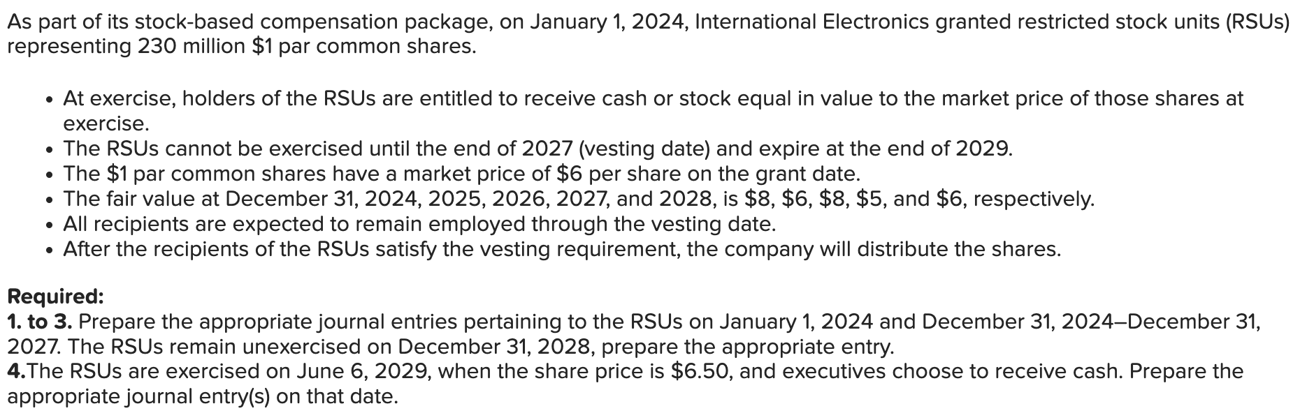 Solved As part of its stock-based compensation package, on | Chegg.com