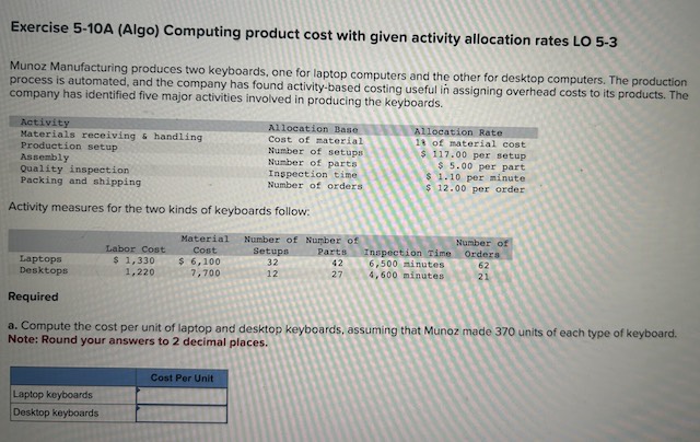 Solved Exercise 5-10A (Algo) Computing product cost with | Chegg.com