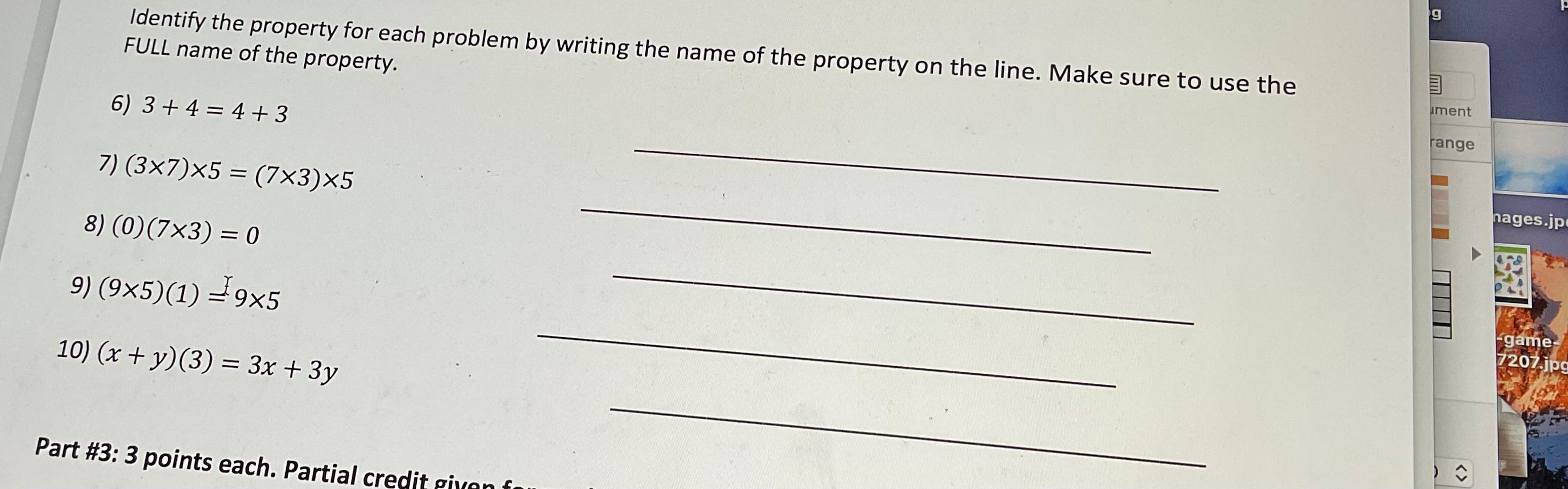 Solved g Identify the property for each problem by writing | Chegg.com