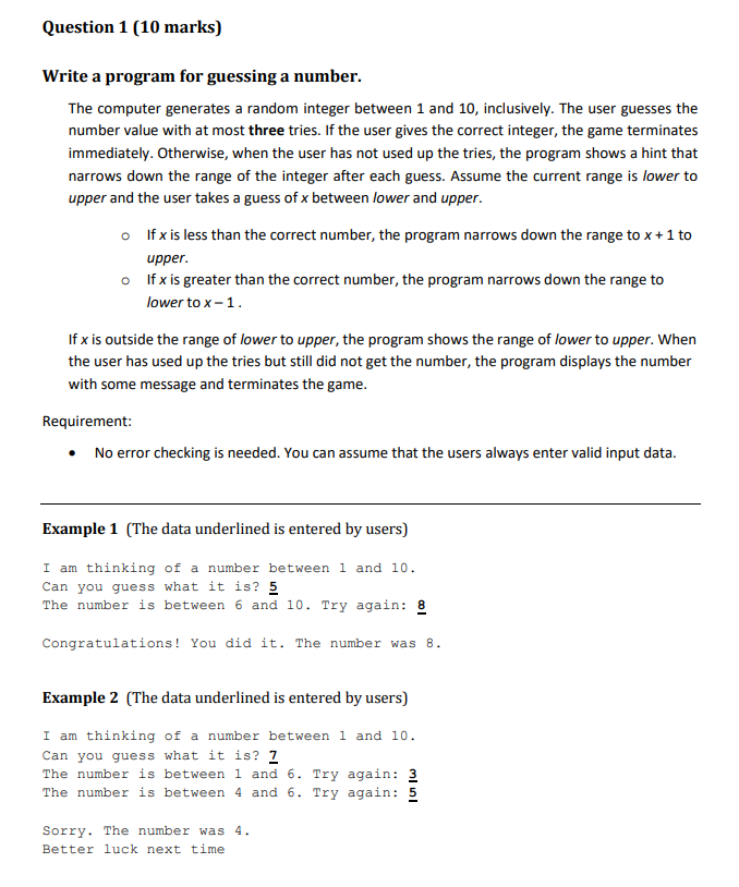 Solved Question 1 10 Marks Write A Program For Guessing A 8523
