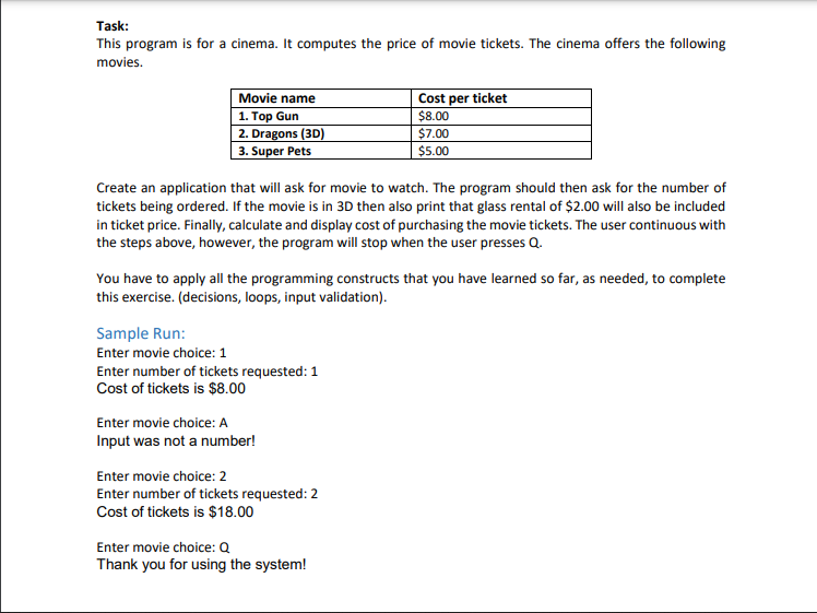 Solved Task: This program is for a cinema. It computes the | Chegg.com