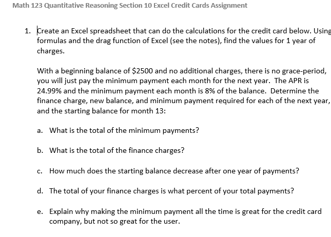 Math 123 Quantitative Reasoning Section 10 Excel | Chegg.com