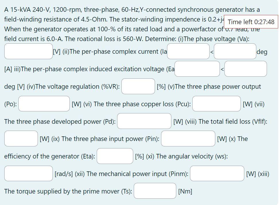 Solved A 15-kVA 240-V, 1200-rpm, three-phase, 60- Hz, | Chegg.com