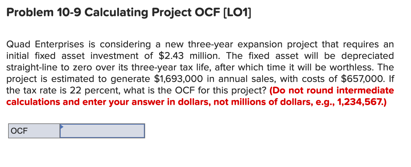 Solved Problem 10-9 Calculating Project OCF (LO1] Quad | Chegg.com