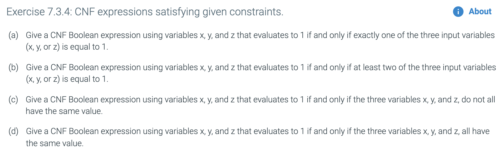 Solved Exercise 7.3.4: CNF expressions satisfying given | Chegg.com