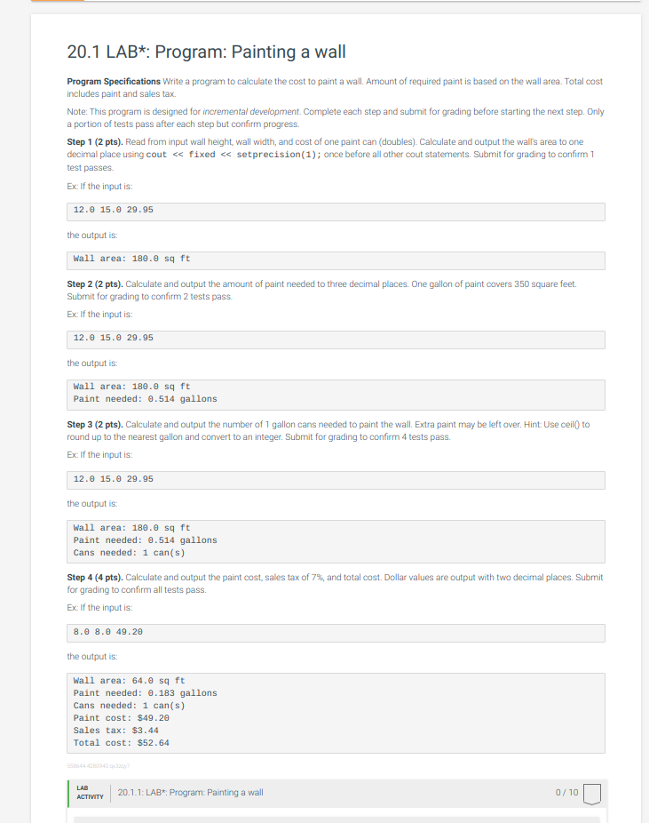 Solved 20.1 ﻿LAB: Program: Painting a wallProgram | Chegg.com