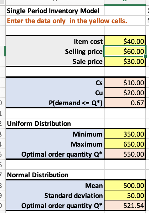 C Single Period Inventory Model Enter the data only | Chegg.com