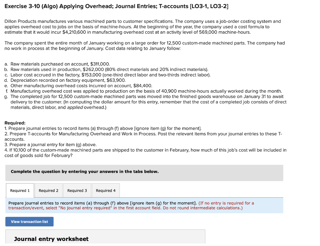 Solved Exercise 3-10 (Algo) Applying Overhead; Journal | Chegg.com