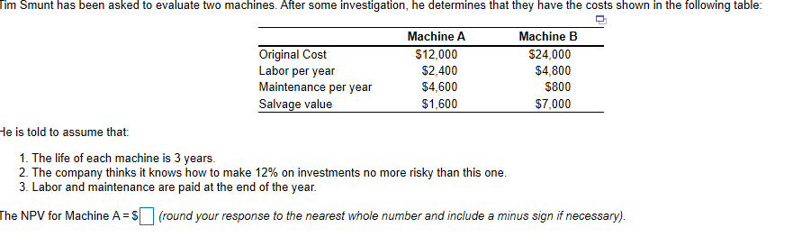 Solved Tim Smunt has been asked to evaluate two machines. | Chegg.com