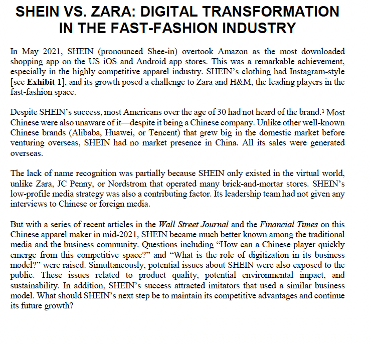 Solved SHEIN VS. ZARA: DIGITAL TRANSFORMATION INDUSTRY IN | Chegg.com