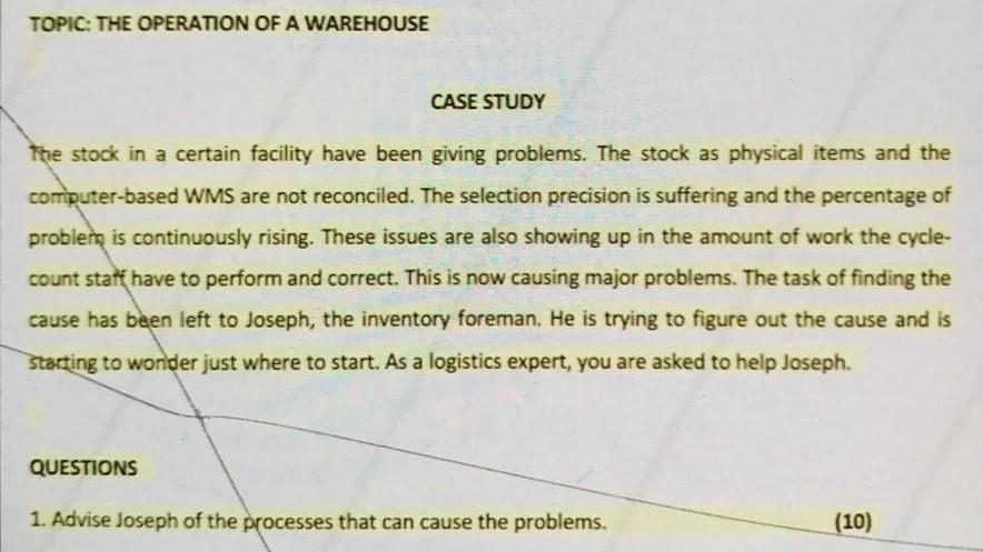 Solved TOPIC: THE OPERATION OF A WAREHOUSE CASE STUDY The | Chegg.com