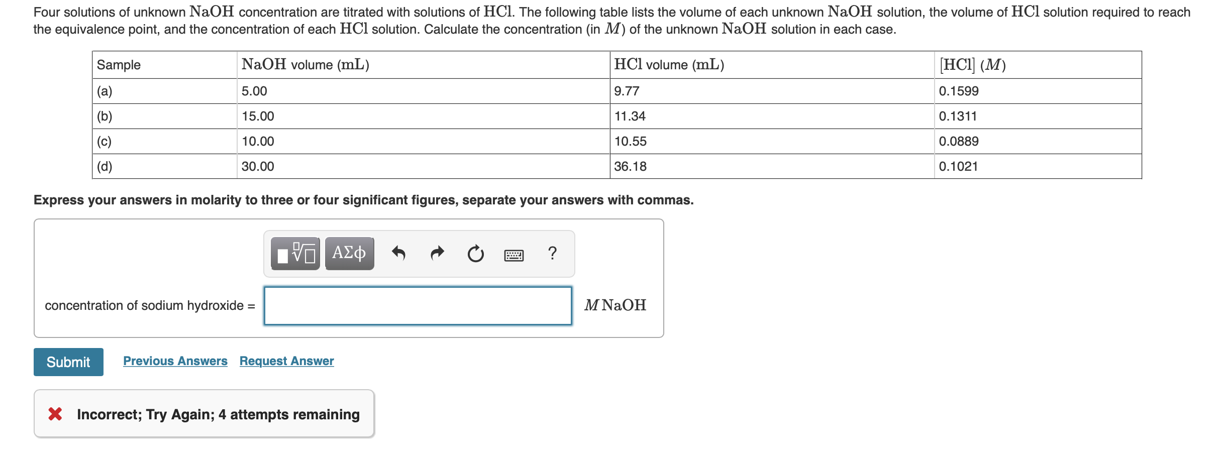 Solved Four solutions of unknown NaOH concentration are | Chegg.com