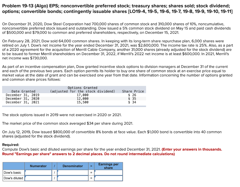 Solved Problem 19-13 (Algo) EPS; nonconvertible preferred | Chegg.com