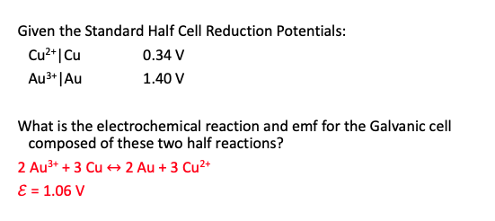 Solved Given the Standard Half Cell Reduction Potentials: | Chegg.com