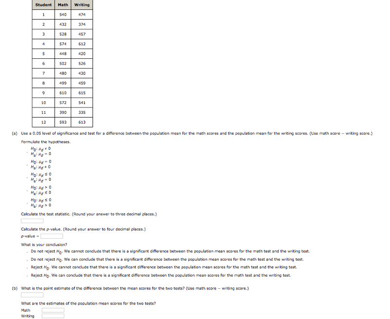 Solved Student Math Writing 540 432 528 574 474 374 457 612 | Chegg.com