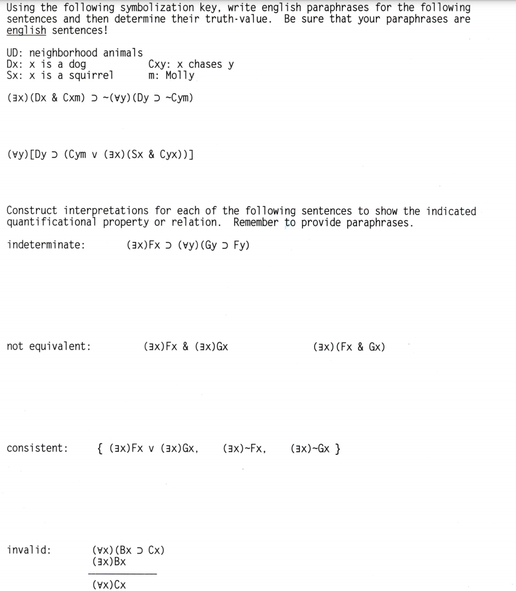 Solved Using the following symbolization key, write english | Chegg.com