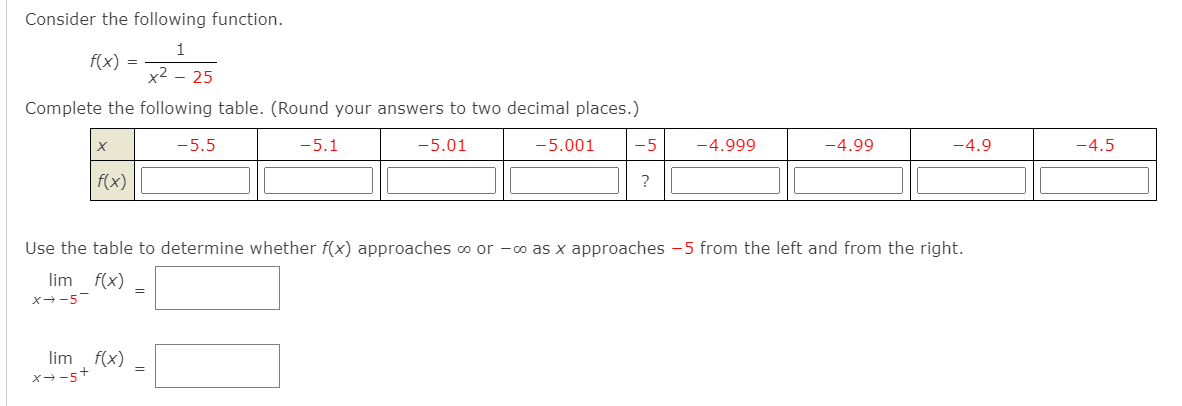 Solved Consider the following function. 1 f(x) = x2 - 25 | Chegg.com
