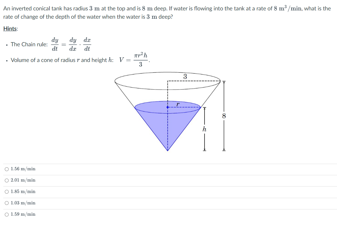 Solved An inverted conical tank has radius 3 m at the top | Chegg.com