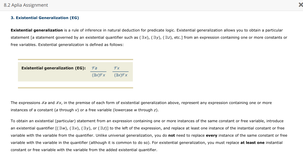 Solved 8.2 Aplia Assignment 3. Existential Generalization | Chegg.com