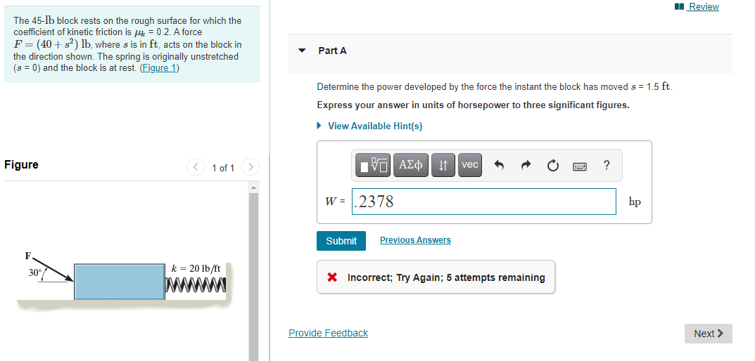 Solved Review The 45-lb block rests on the rough surface for | Chegg.com