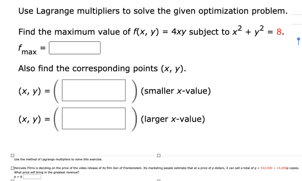 Solved Use Lagrange multipliers to solve the given | Chegg.com