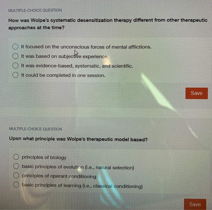 Solved MULTIPLE-CHOICE QUESTION Wolpe's systematic | Chegg.com