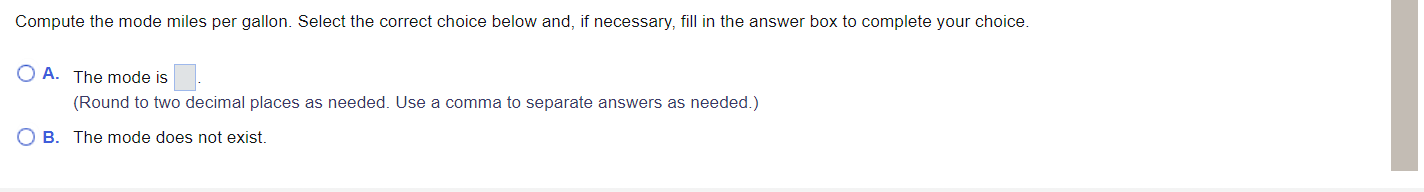 Solved The following data represent the miles per gallon for | Chegg.com