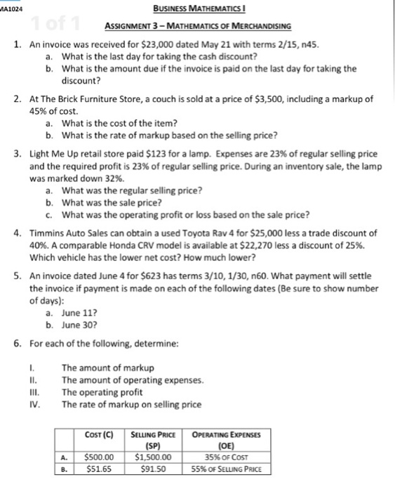 Solved A1024 BUSINESS MATHEMATICS ASSIGNMENT 3-MATHEMATICS | Chegg.com