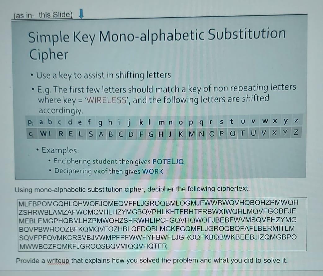 Solved . (as in- this Slide) ! Simple Key Mono-alphabetic | Chegg.com