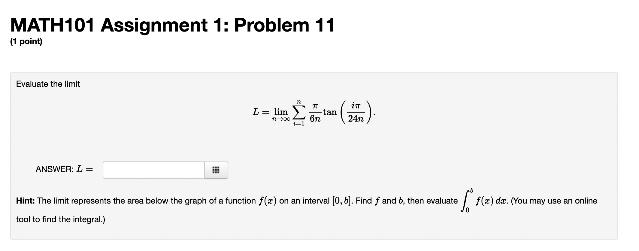 Solved MATH101 Assignment 1: Problem 11 Evaluate the limit | Chegg.com